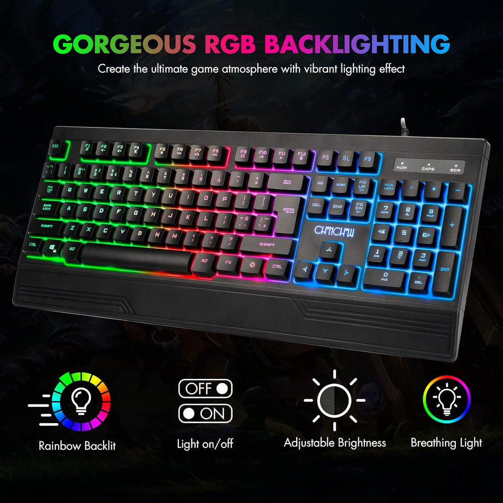 Wireless Keyboard and Mouse Combo, Rechargeable Rainbow LED Light Up W ...