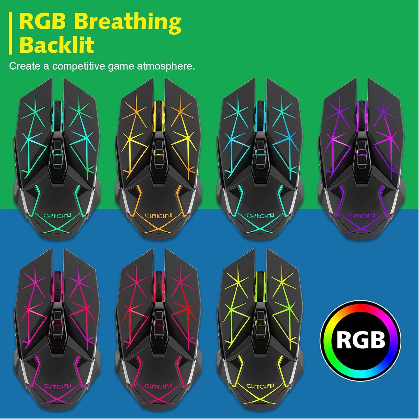 CHONCHOW Rechargeable Wireless Gaming Mouse, Colorful LED Lights, 7 Bu