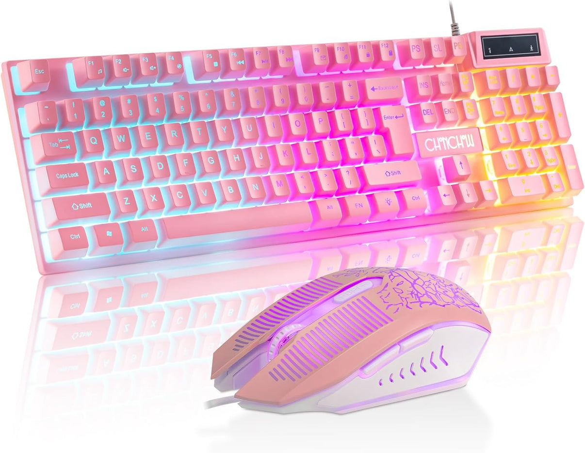 CHONCHOW Pink Gaming Keyboard and Mouse Combo with LED, 104 Keys Wired
