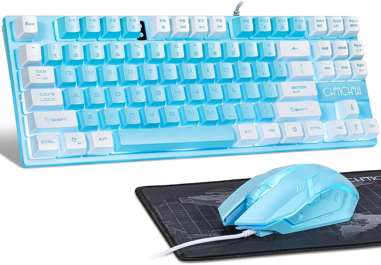 CHONCHOW Blue Keyboard and Mouse Combo, 87 Keys TKL USB Wired LED Ligh