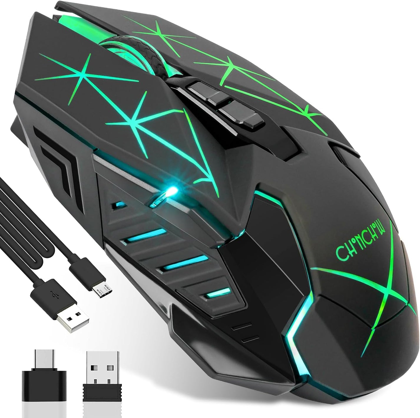 CHONCHOW Rechargeable Wireless Gaming Mouse, Colorful LED Lights, 7 Bu