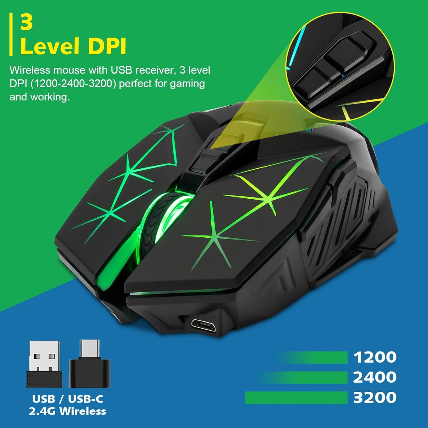 CHONCHOW Rechargeable Wireless Gaming Mouse, Colorful LED Lights, 7 Bu