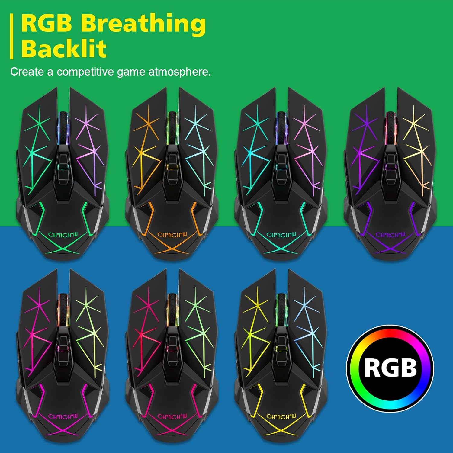 CHONCHOW Rechargeable Wireless Gaming Mouse, Colorful LED Lights, 7 Bu