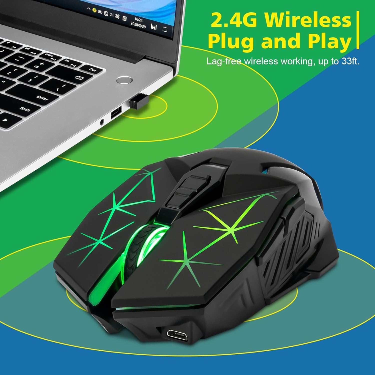 CHONCHOW Rechargeable Wireless Gaming Mouse, Colorful LED Lights, 7 Bu