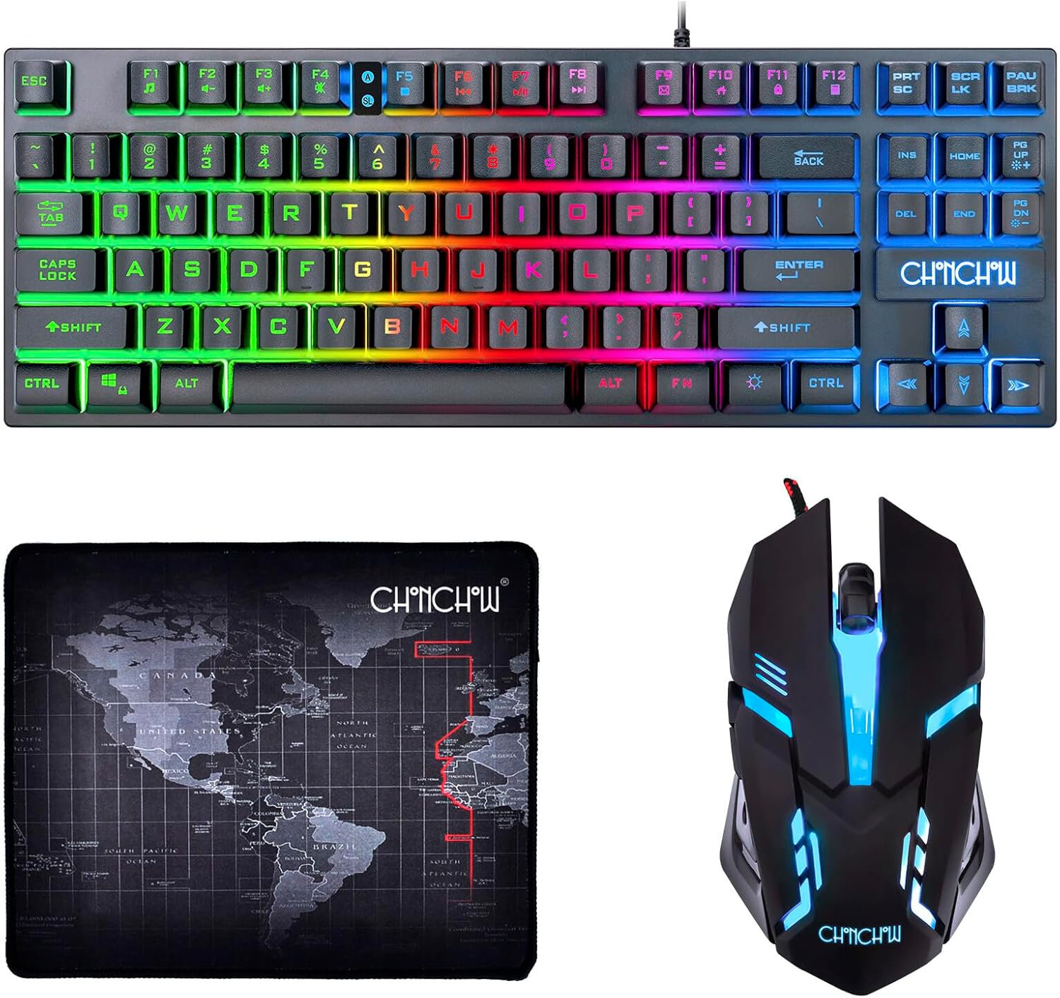 CHONCHOW 87 Keys TKL Gaming Keyboard and Mouse Combo, Wired LED Rainbo