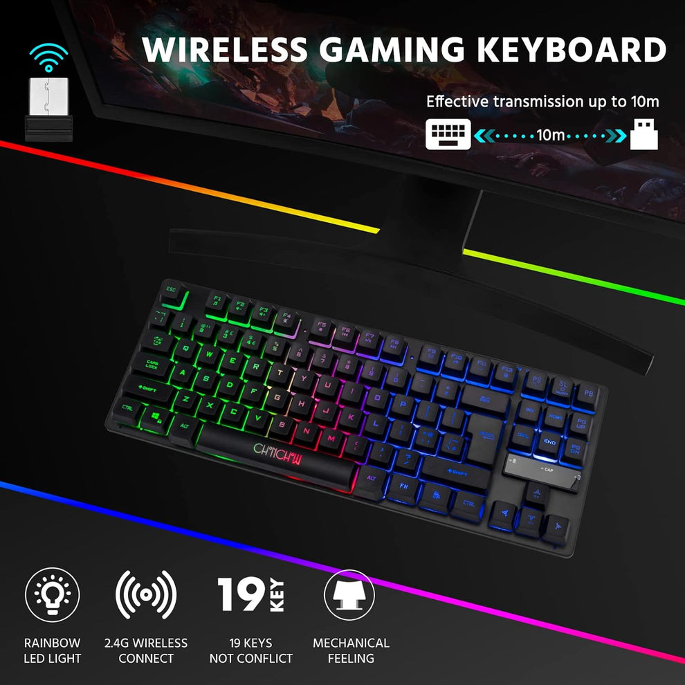 CHONCHOW Wireless LED Keyboard, Rechargeable 87 Key RGB LED Backlit Ke