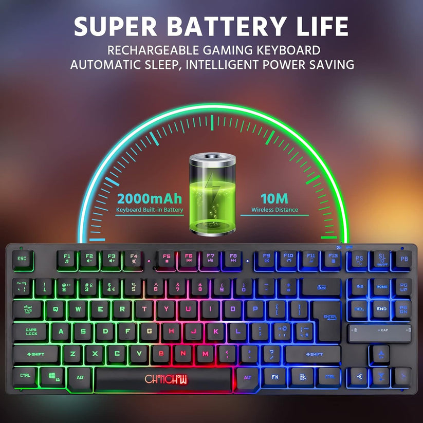 CHONCHOW Wireless LED Keyboard, Rechargeable 87 Key RGB LED Backlit Ke